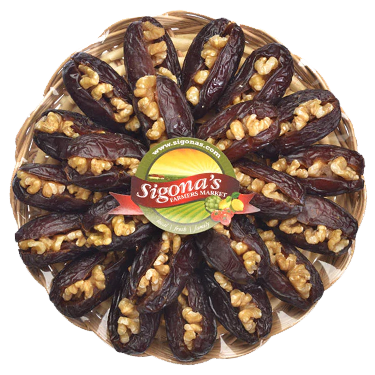 Sigona’s Walnut-Stuffed Medjool Dates, round tray – Sigona's Farmers Market